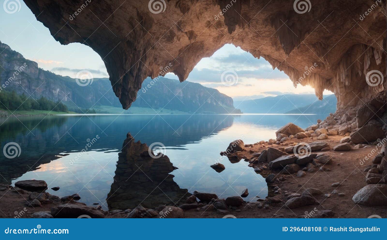 Overhanging Rocks Over the Lake Stock Illustration - Illustration of ...