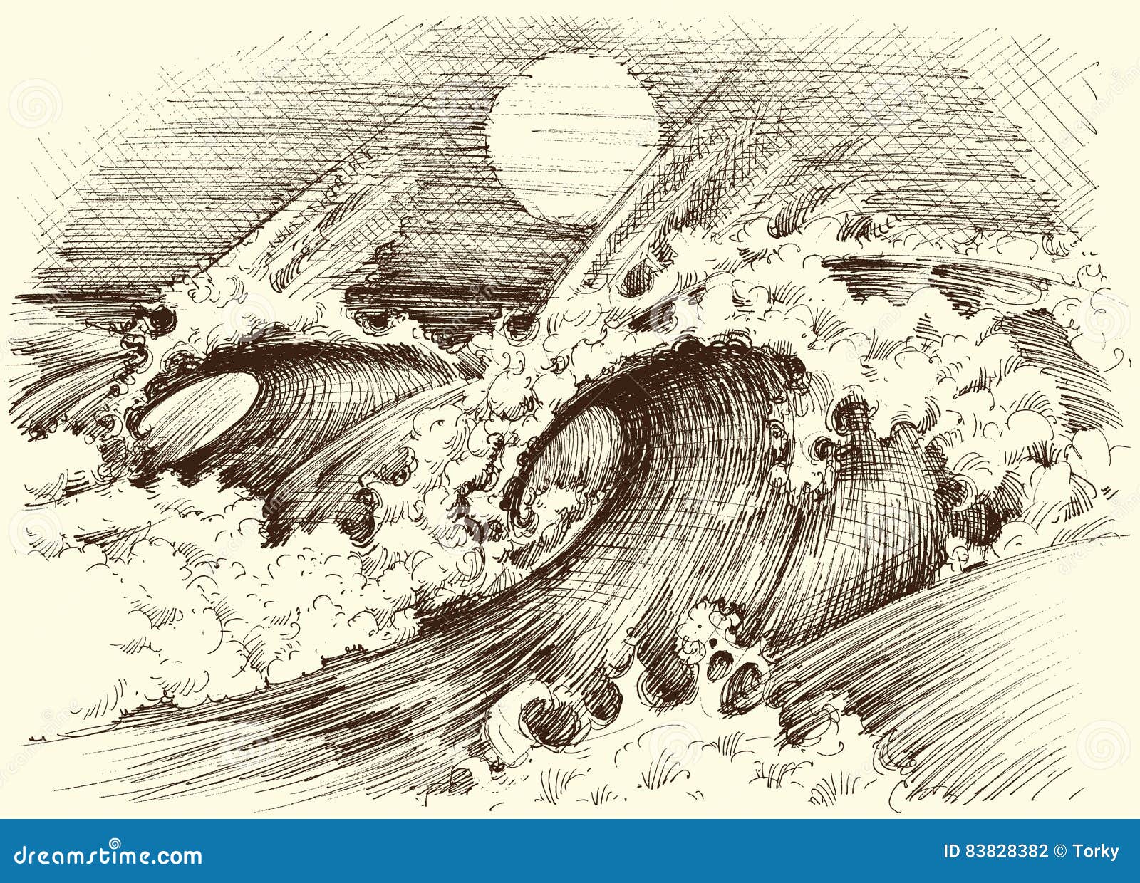 Huge Sea Waves Etching Vector Illustration | CartoonDealer.com #83828382