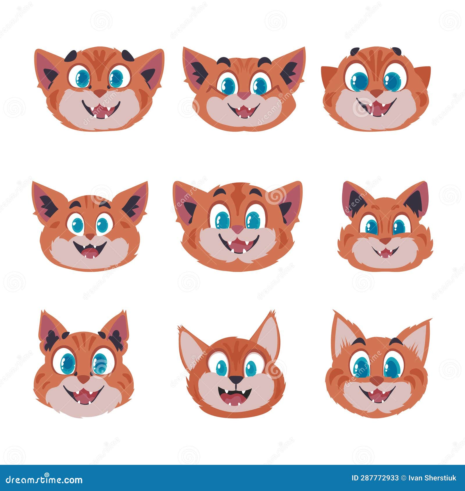 Huge Set Of Brilliantly Faces Of Cats. Cartoon Style, Vector ...