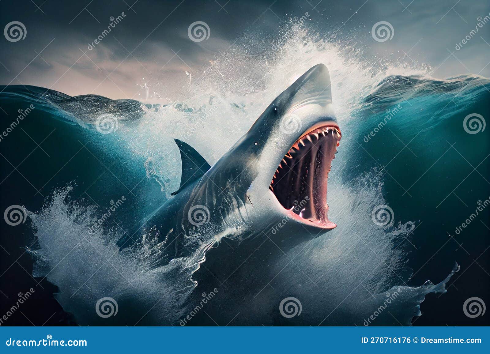 A Huge Shark Jumps Out of the Sea Waves.generative Ai Stock ...