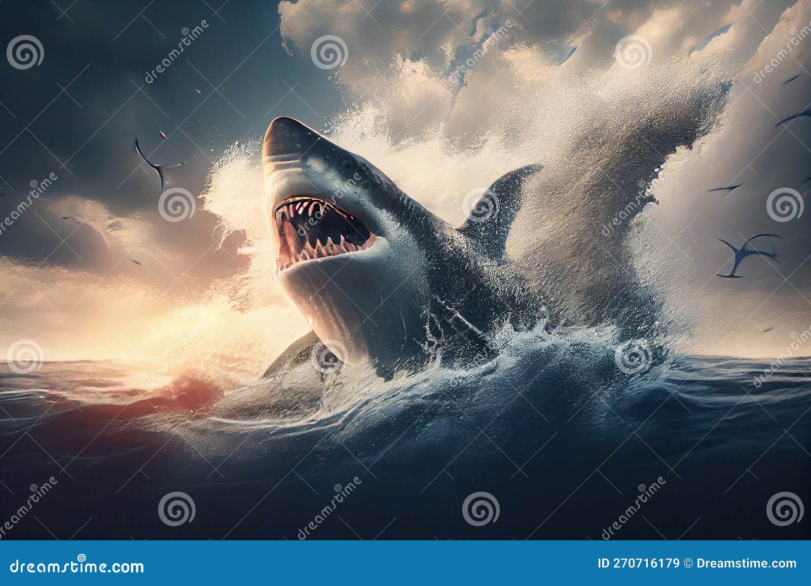 Shark, A Huge Megalodon Shark Jumps Out Of The Sea Waves Stock Photo ...