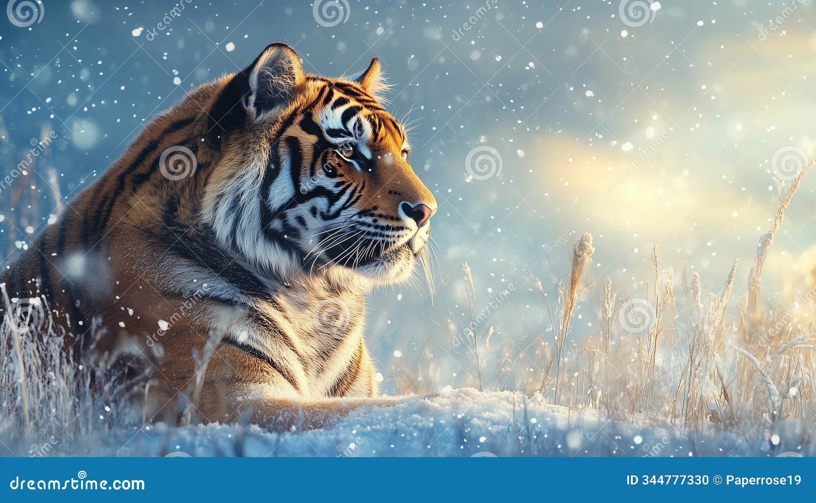 Huge Siberian Tiger in Winter Landscape with Falling Snow Stock Photo ...