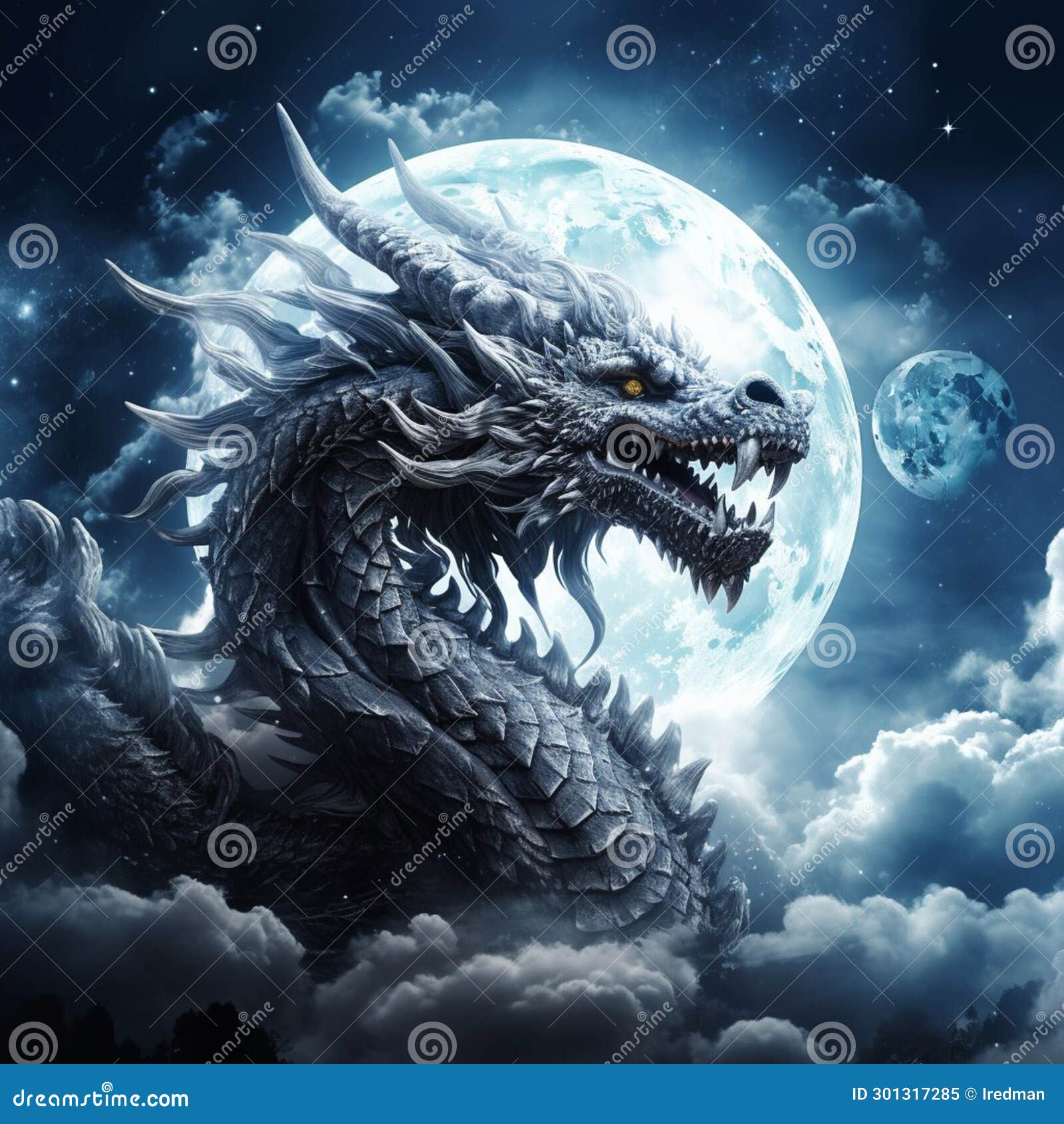 Huge Silver Dragon on a Full Moon Stock Image - Image of security ...