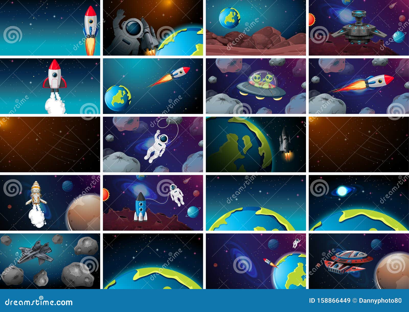 Huge space scene set stock vector. Illustration of flying - 158866449