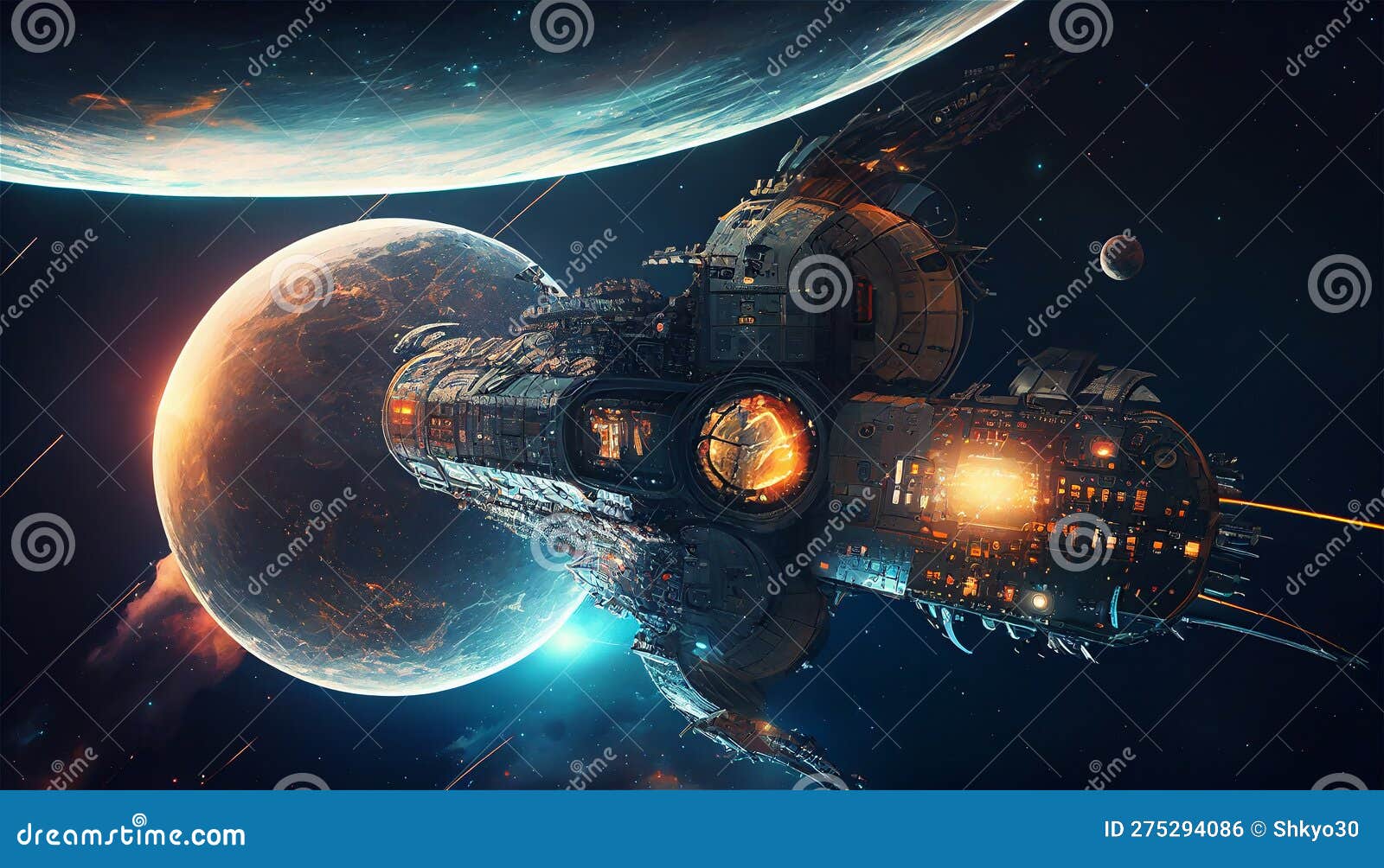 Huge Spaceship with Complex and Sharp Shape in Front of a Planet and ...