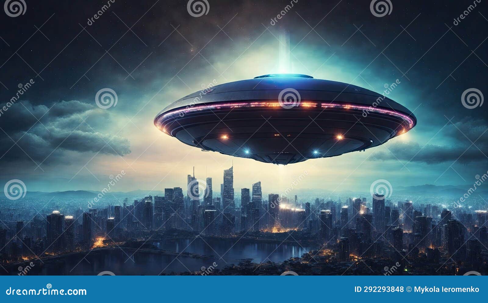 A Huge Spaceship Hovered Over the Night City Stock Illustration ...