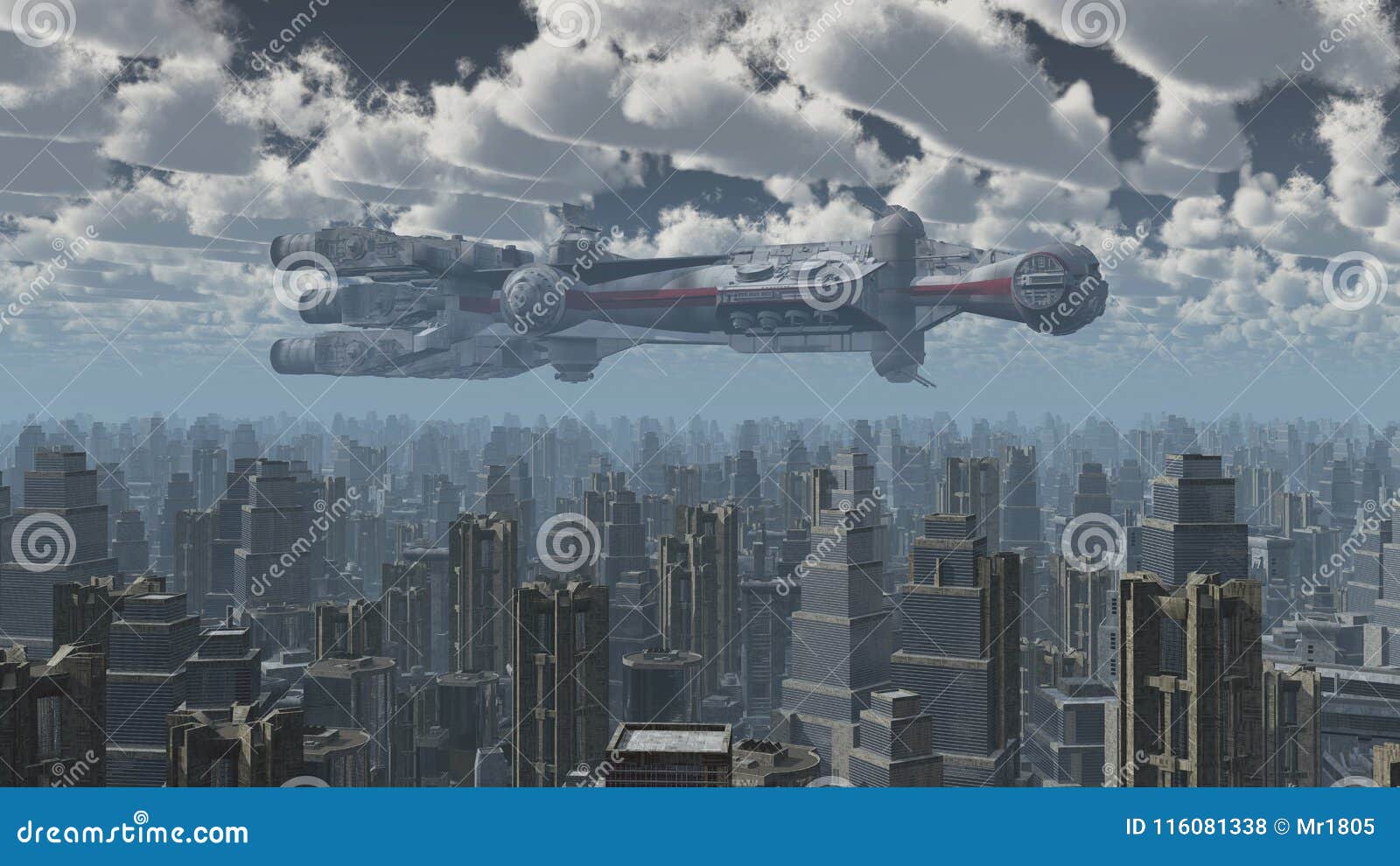 Spaceship Over Mountain Path On Distant World Stock Photo ...