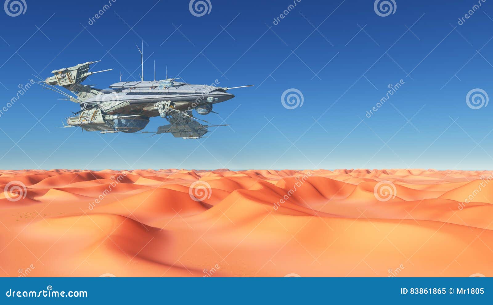 Spaceship Over Mountain Path On Distant World Stock Photo ...