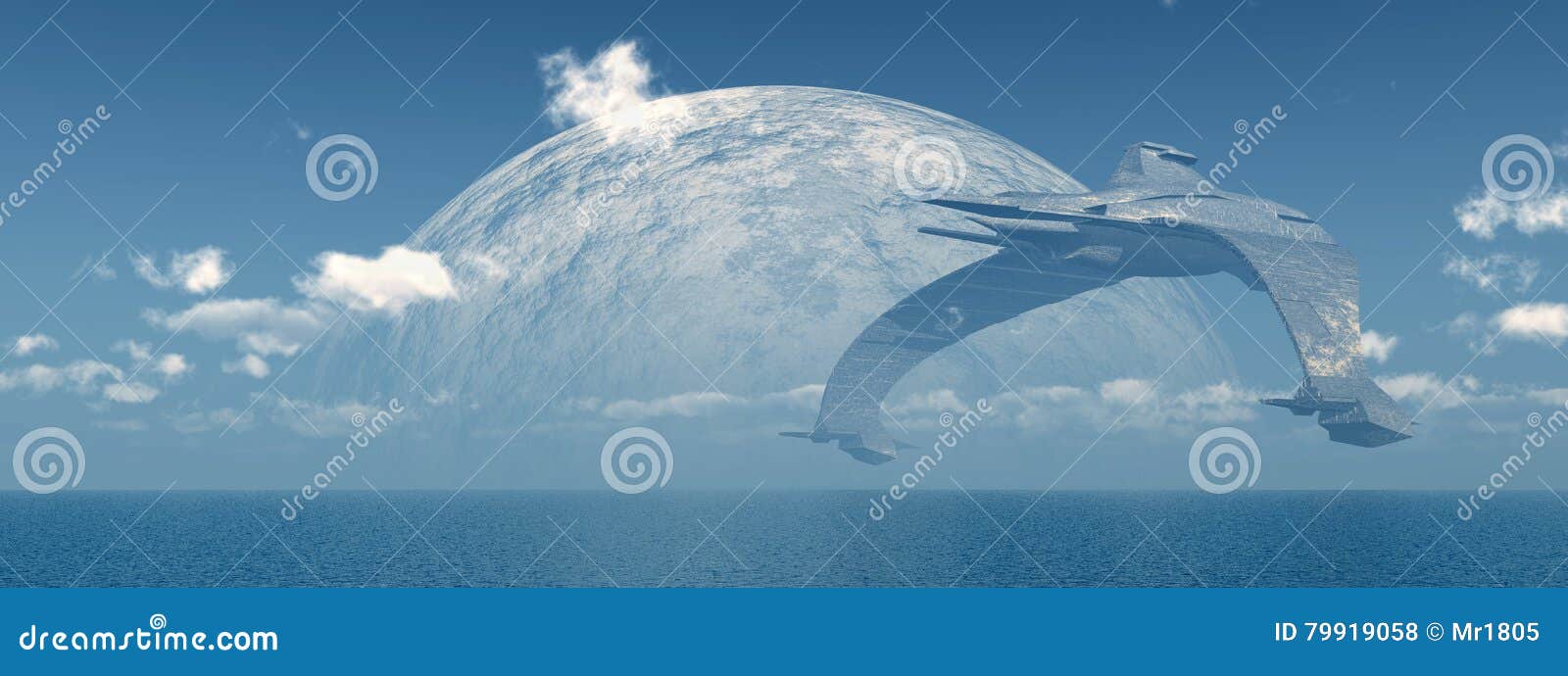 Spaceship Over Mountain Path On Distant World Stock Photo ...