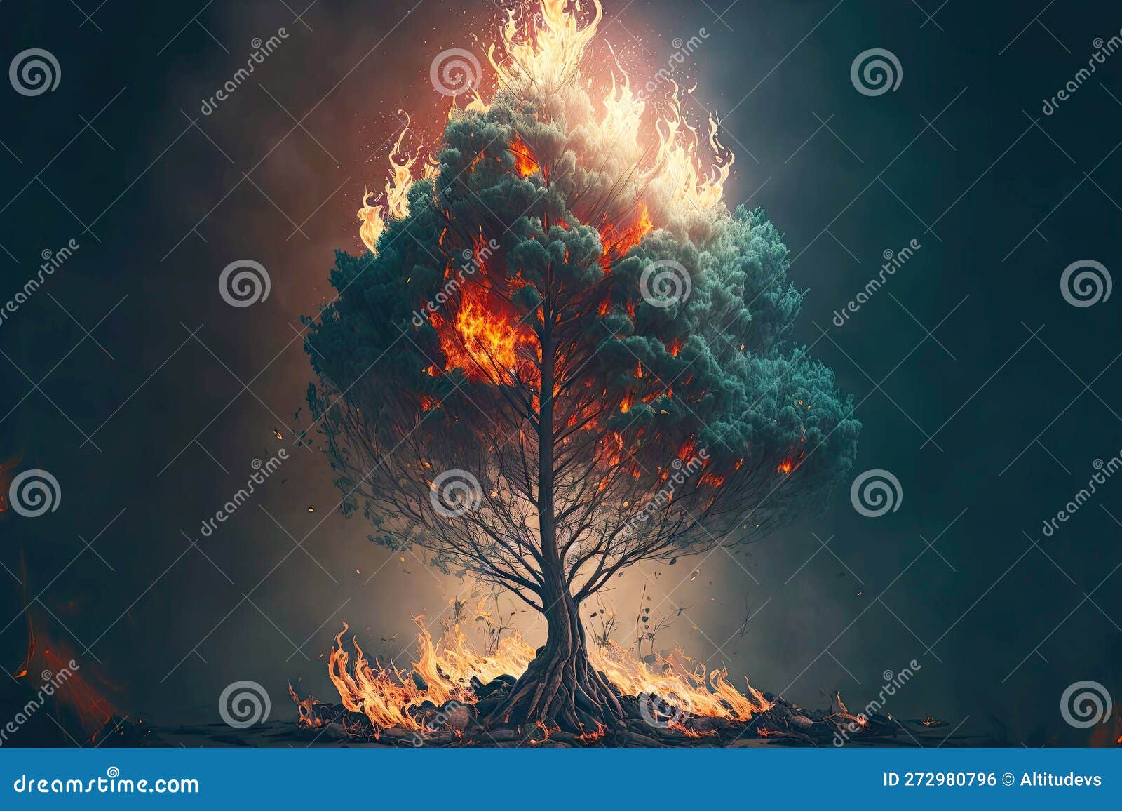 Huge Sprawling Tree Engulfed in Flames in Time Forest Wildfire Stock ...
