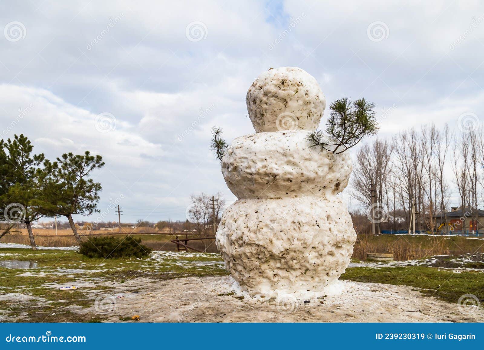 Huge Spring Snowman in Melted Meadow. Background with Copy Space for ...