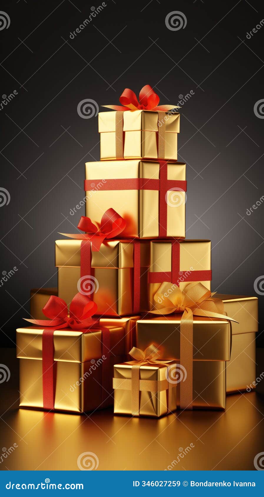 Huge Stack of Big Golden Gift Boxes with Red Tape Stock Image - Image ...