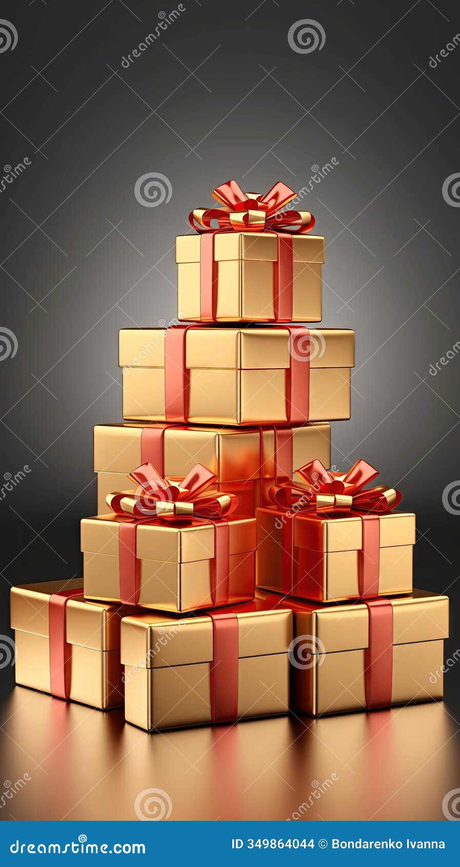 Huge Stack of Big Golden Gift Boxes with Red Tape Stock Photo - Image ...