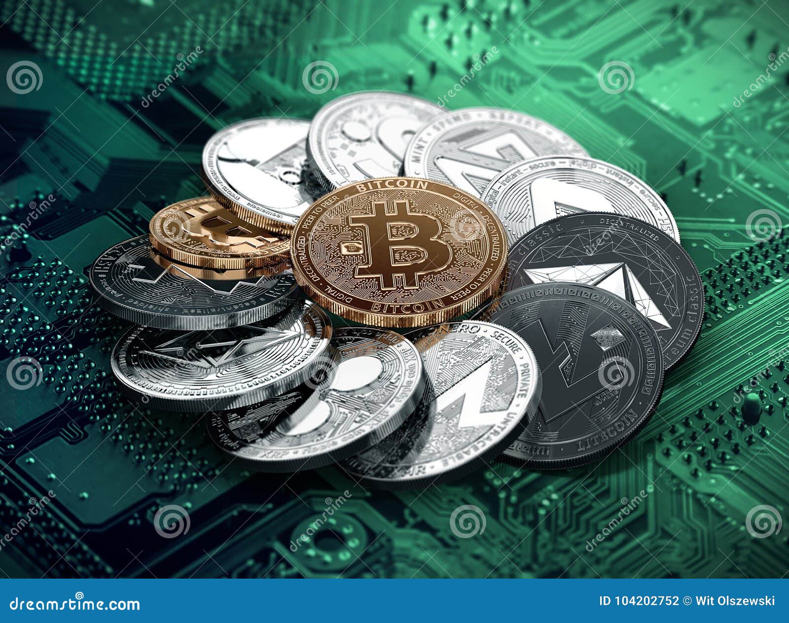 Huge Stack of Cryptocurrencies in a Circle with a Golden Bitcoin in the ...