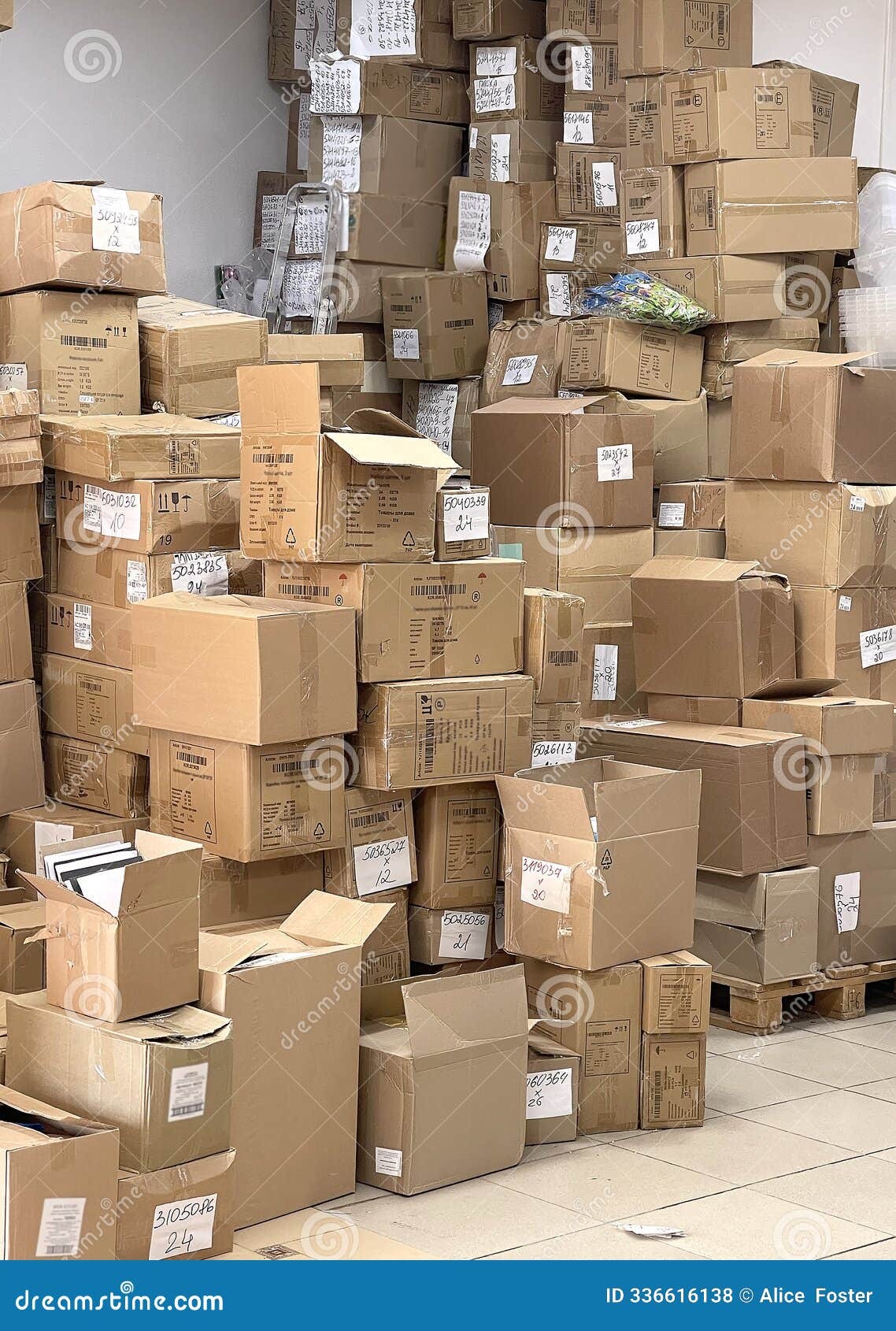 Huge Stack of Empty Old Cardboard Boxes in Store Warehouse. Waste ...