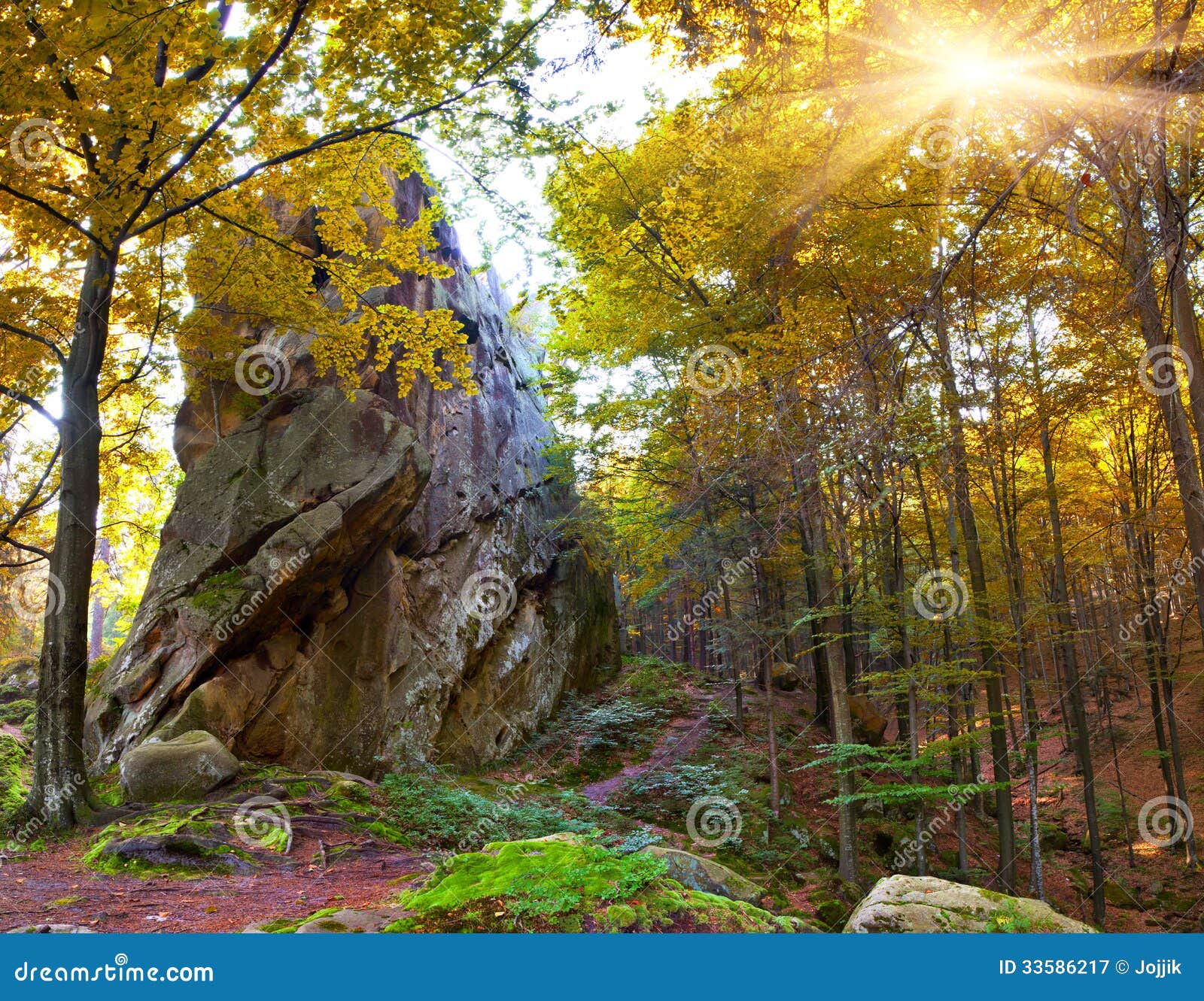 Huge Stone in the Autumn Forest Stock Image - Image of light ...