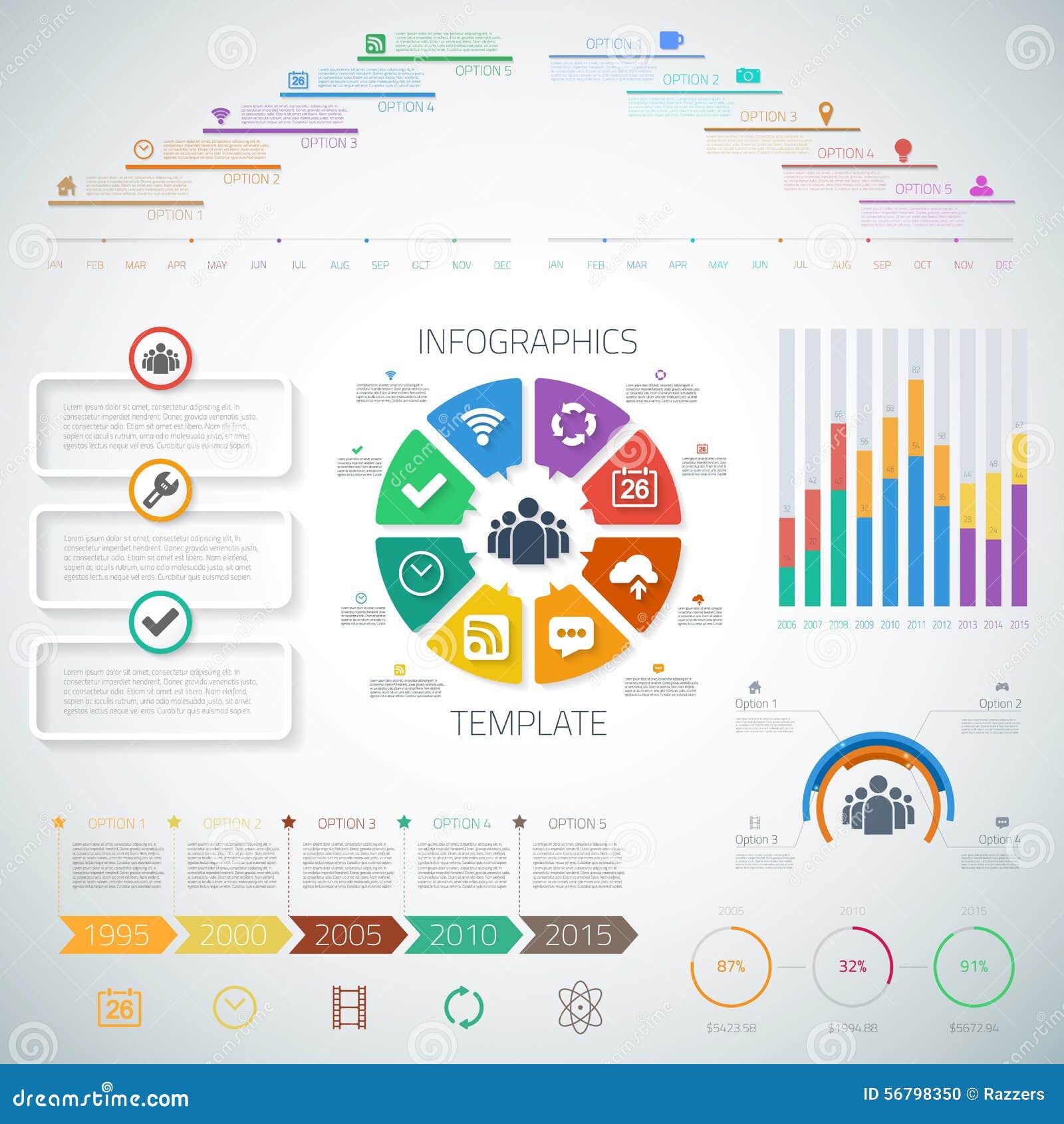 Huge Timeline Infographics Set with Pie Charts, Icons Stock Vector ...