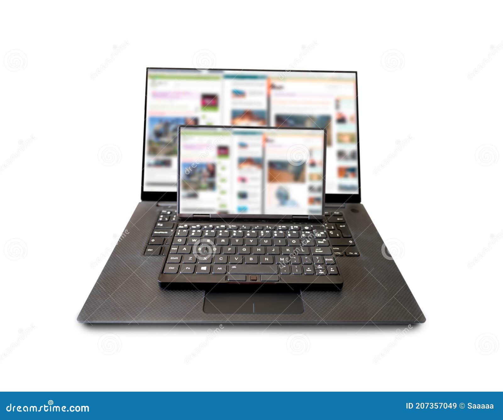 Huge and Tiny Laptop with Screenshots Over White Stock Image - Image of ...