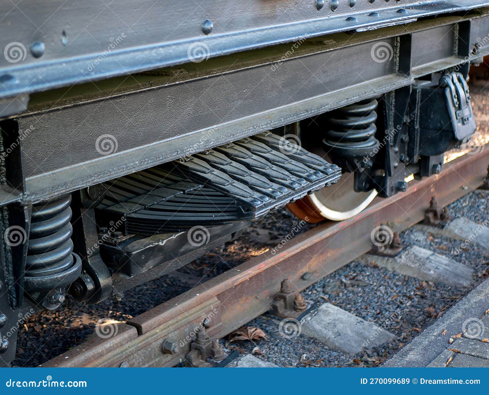 Huge Train Springs and Leaf Spring Over the Wheels. Train Wheel System ...