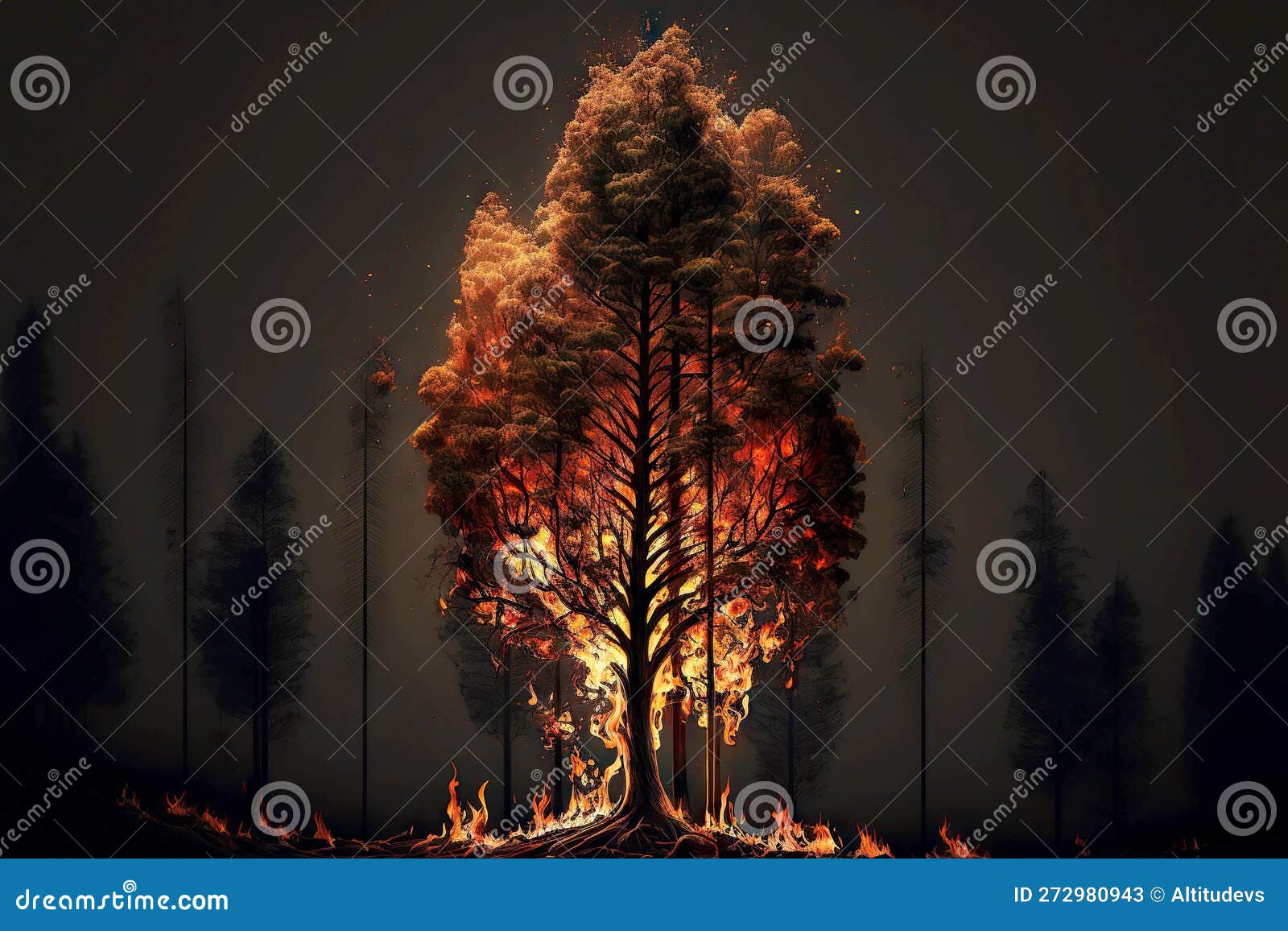 Huge Tree Engulfed in Fire during Disaster in Form of Forest Wildfire ...