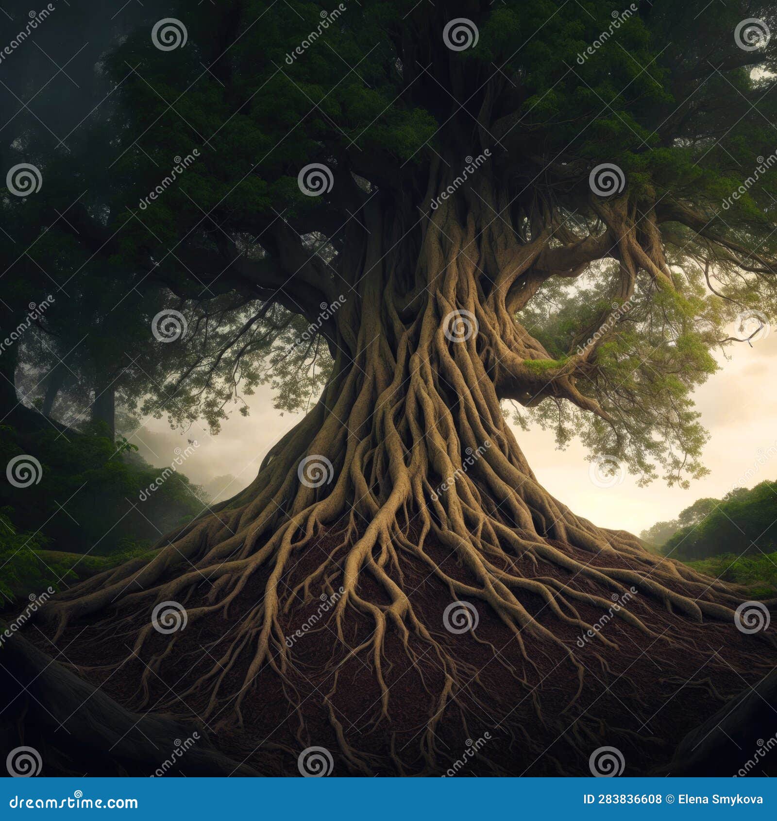 A Huge Tree with a Spreading Crown and a Powerful Root System. the ...