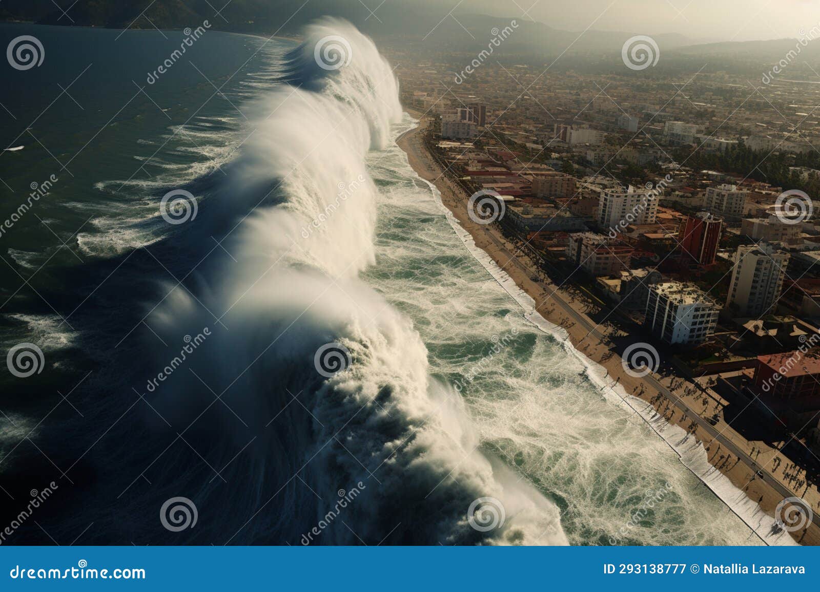 A Huge Tsunami Wave is Approaching the City Stock Illustration ...