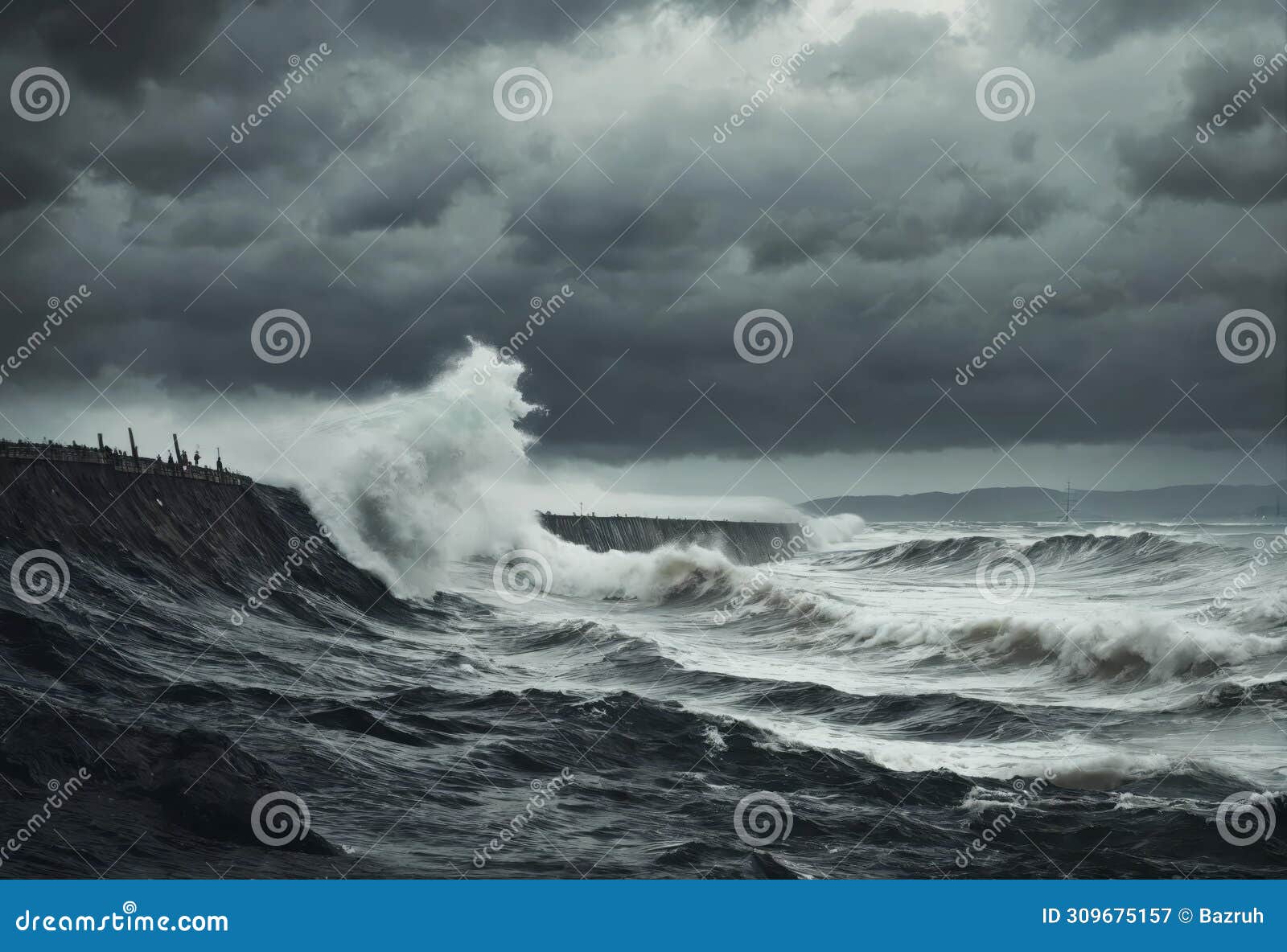 Huge Tsunami Wave Hitting Shore With Buildings Royalty-Free Stock ...