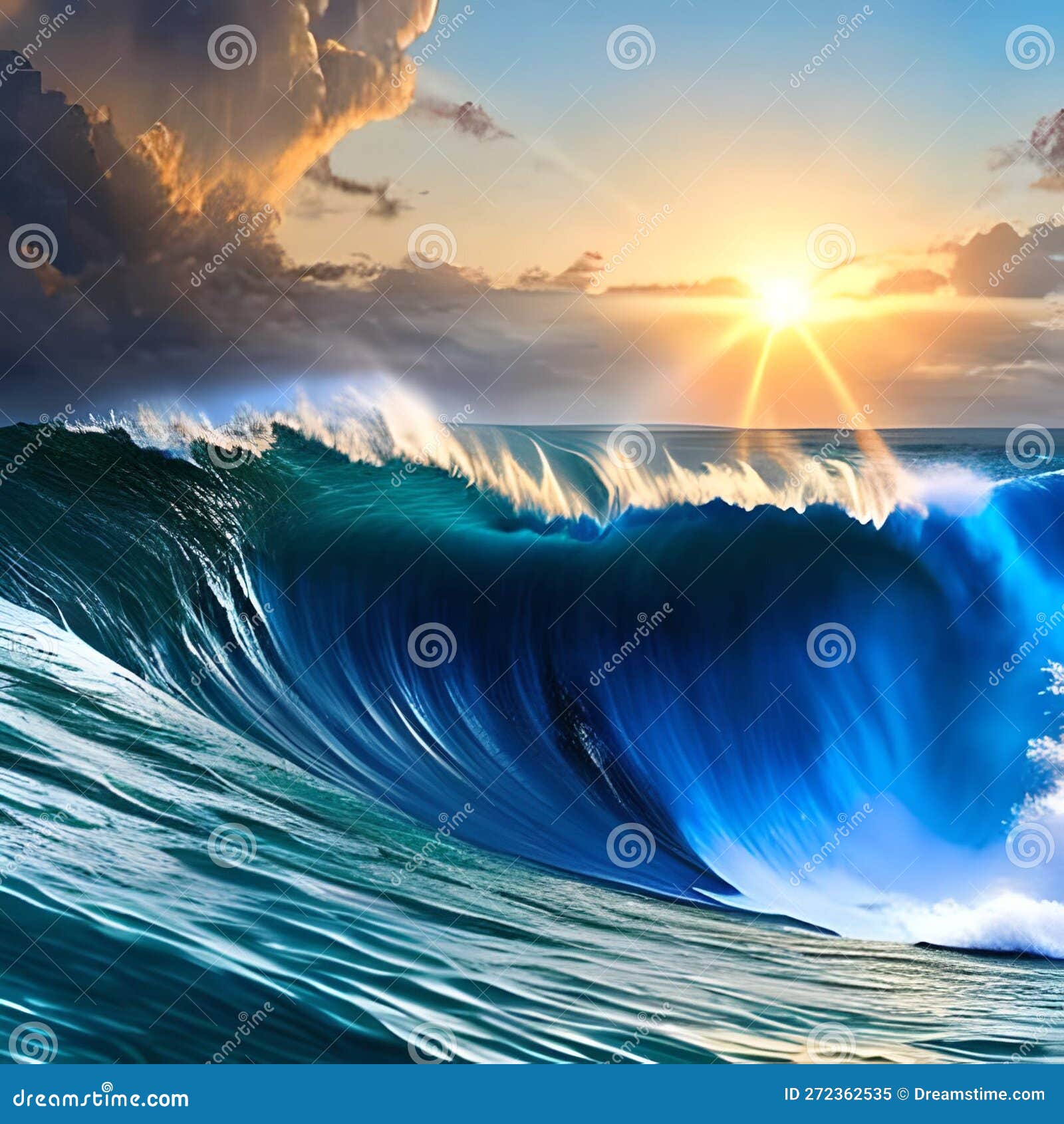 Huge tsunami waves stock illustration. Illustration of morning - 272362535