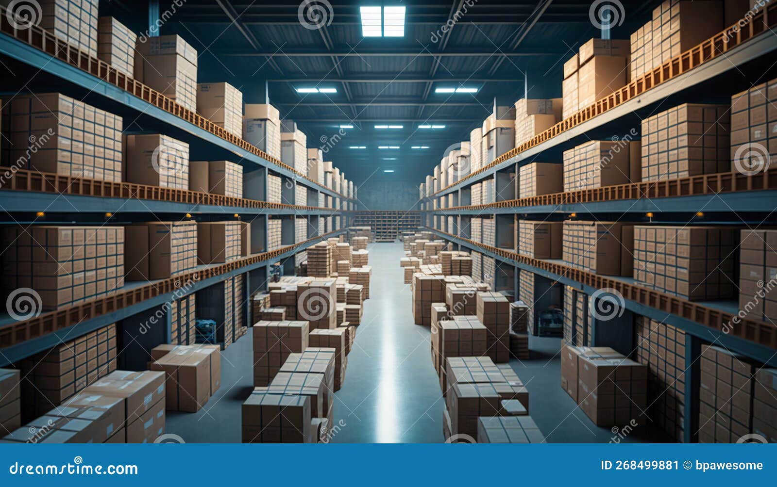 Huge Warehouse Storage Room: Rows of Boxes and Merchandise on Shelfs ...