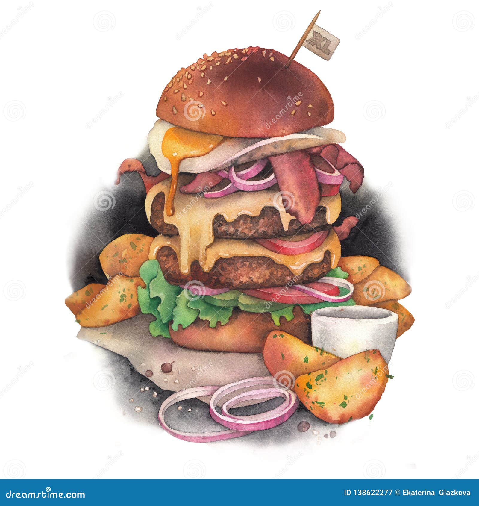 Watercolor Burger With Vegetable Background Beef Hamburger With Steak