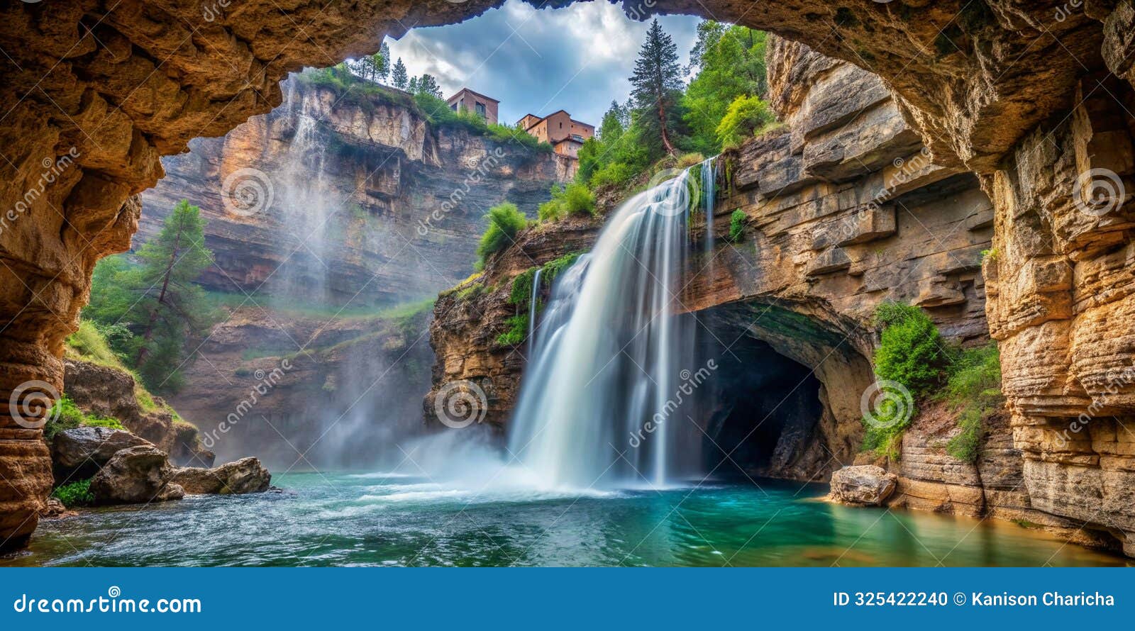 A Huge Waterfall Plunging Over the Edge of a Cliff Surrounded by a Cave ...