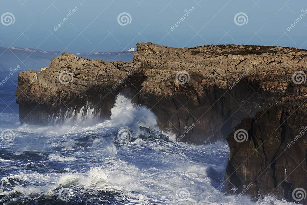 Huge Waves Hitting the Cliff and Exploding Stock Photo - Image of ...