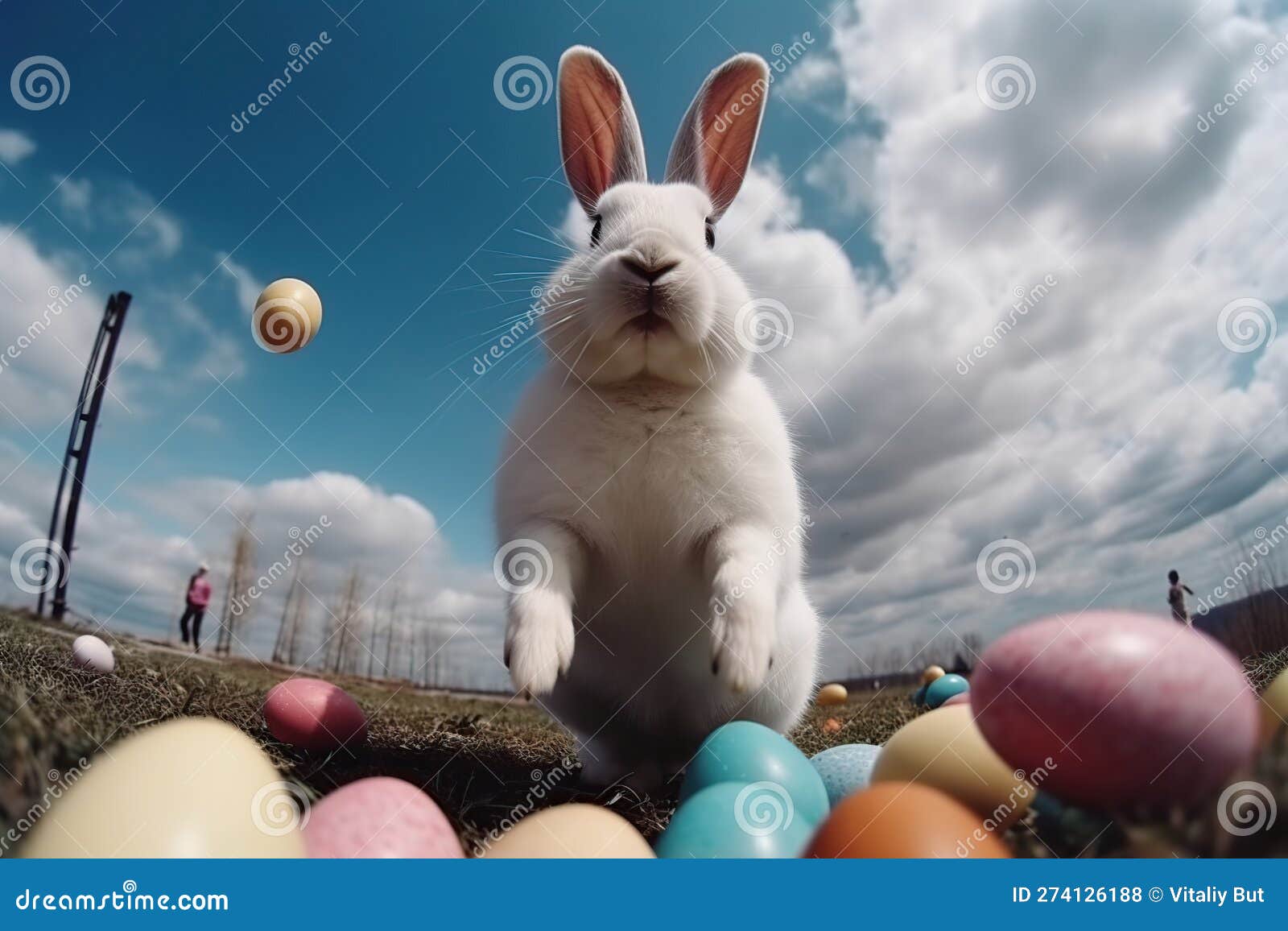 Huge White Easter Bunny and Colored Eggs Outdoors Made with Generative ...