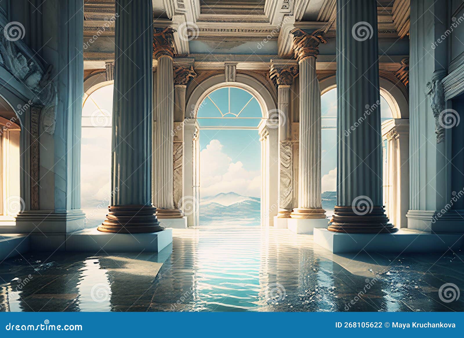Huge White Pillared Hall Flooded with Water Stock Illustration ...