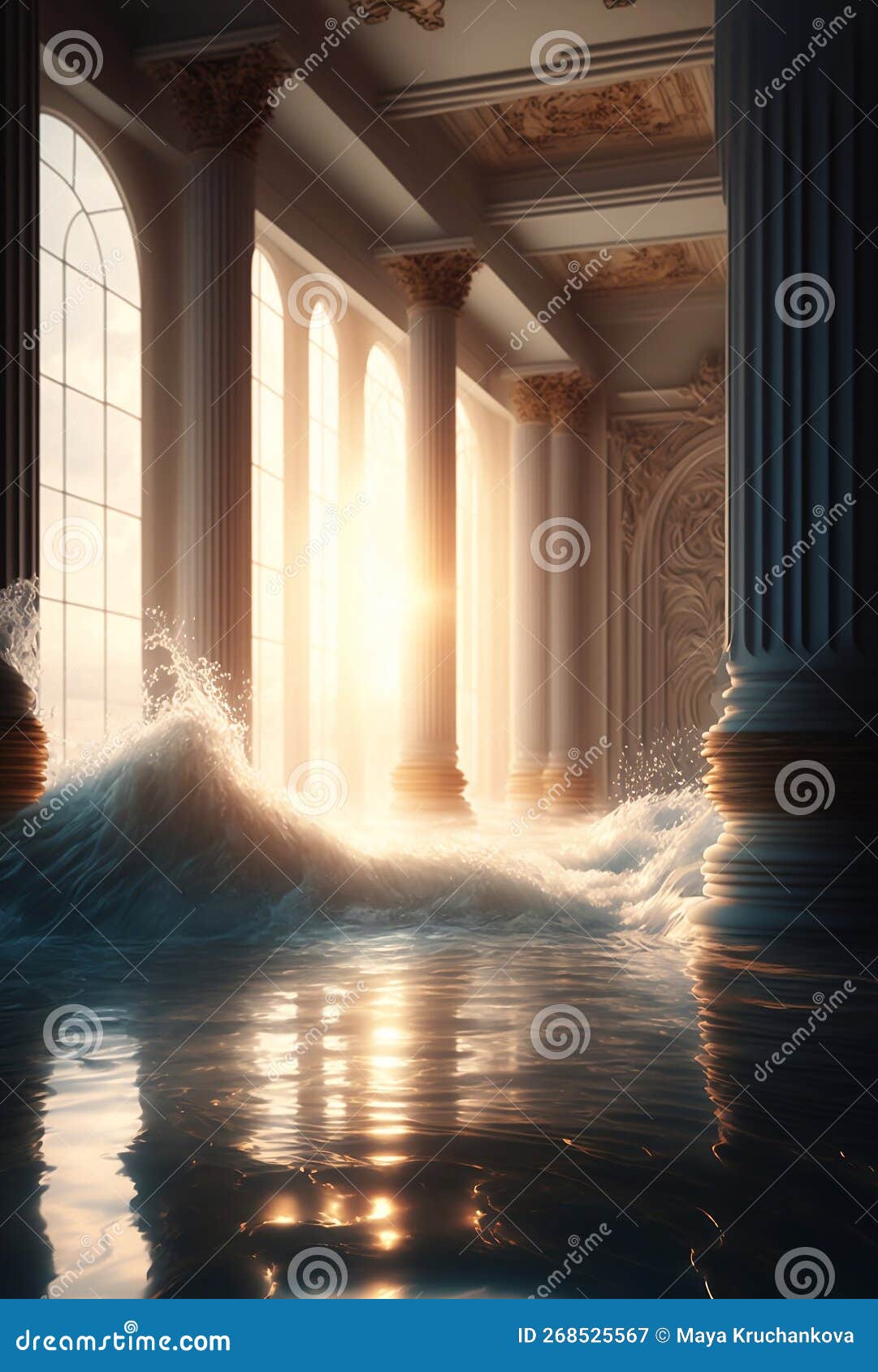 Huge White Pillared Hall Flooded with Water Stock Illustration ...