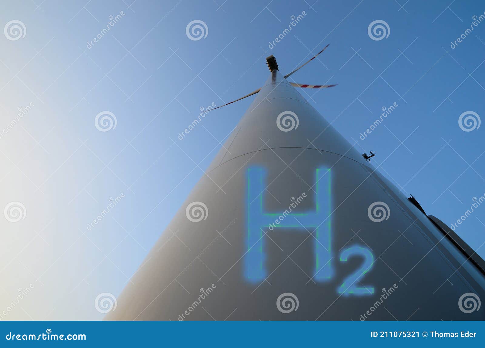 Huge Windmill from Below with Hydrogen H2 Letters in Green Blue Stock ...