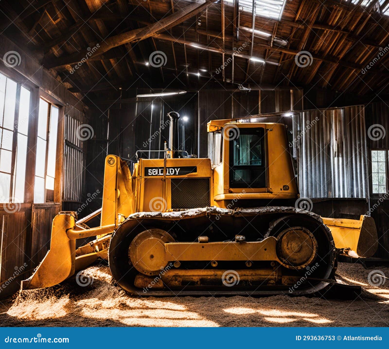 Huge Yellow Bulldozer in an Abandoned Barn Stock Illustration ...