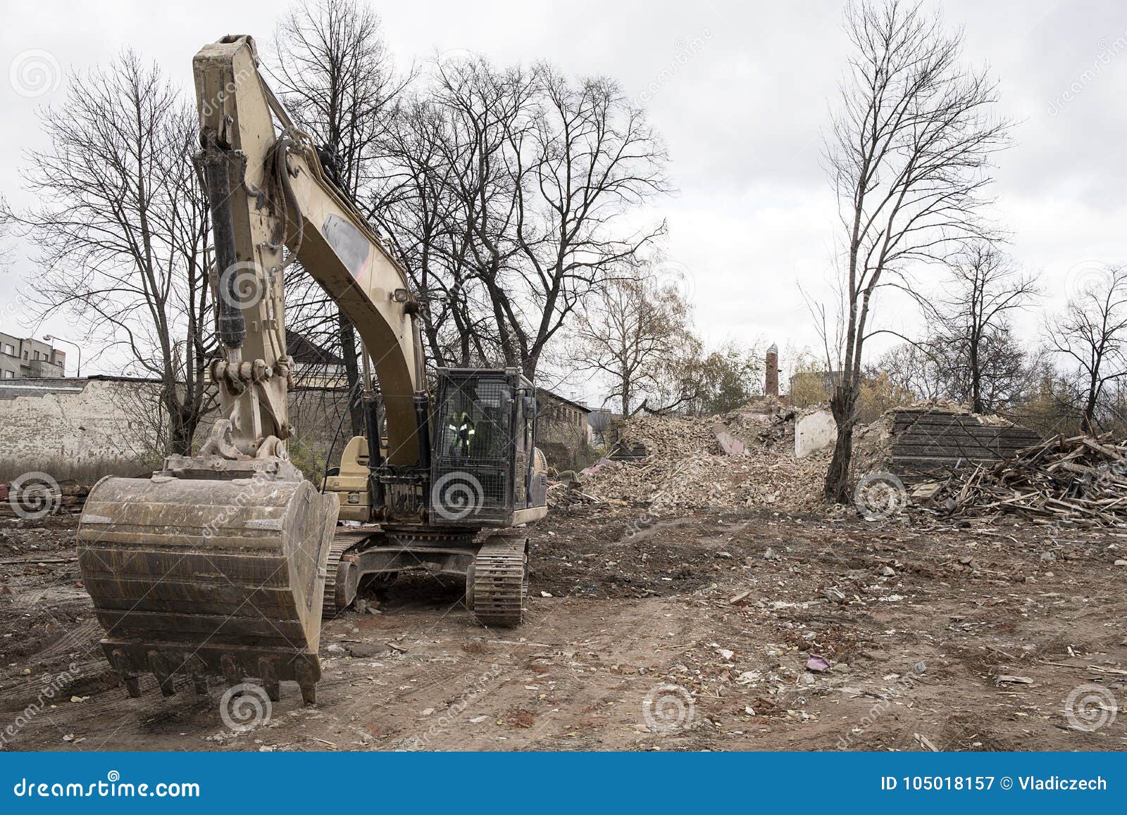 Huge Yellow Shovel Digger on Demolition Site Stock Image - Image of ...