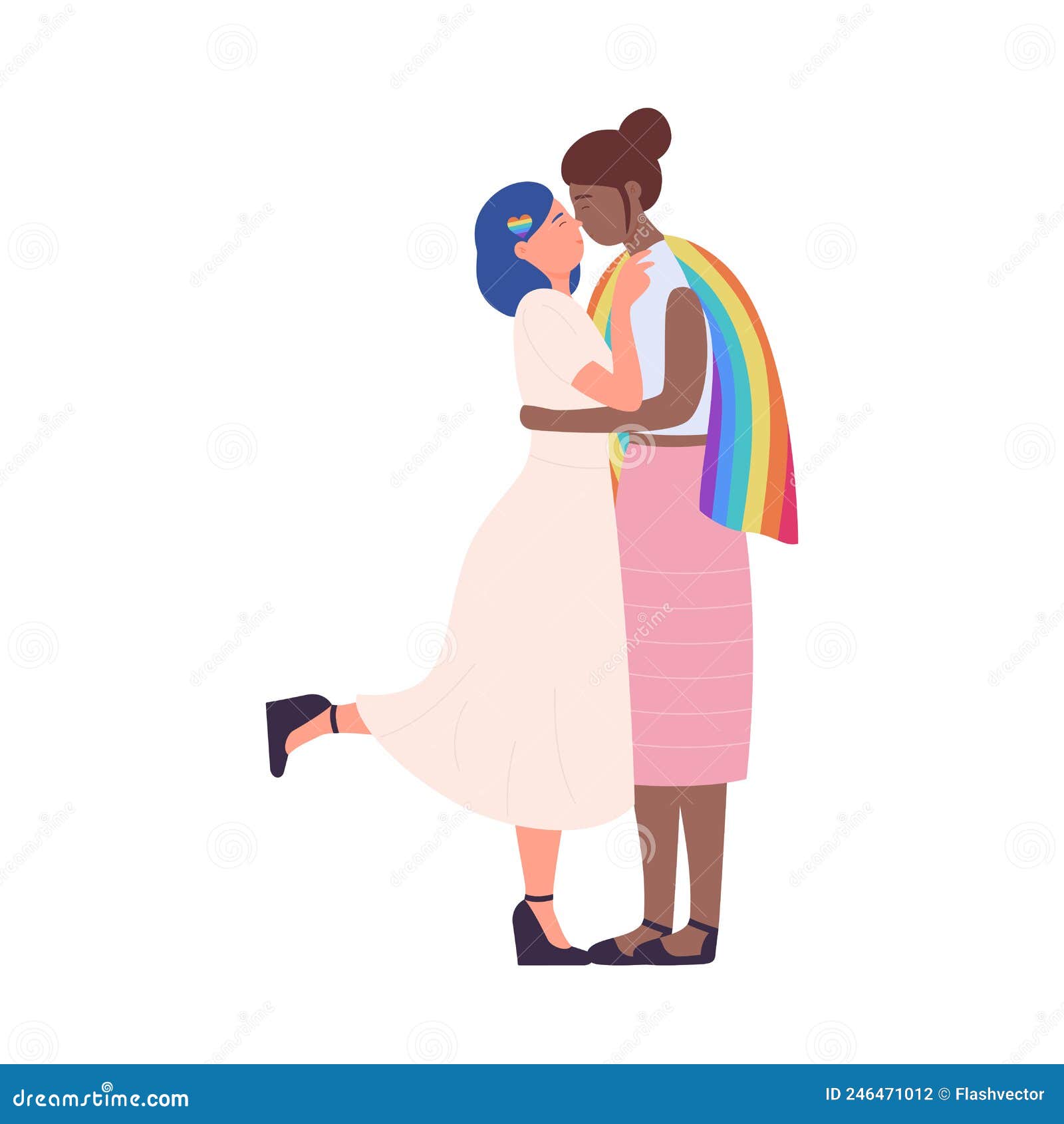 Hugging Happy Lesbian Couple With Rainbow Flag Stock Vector
