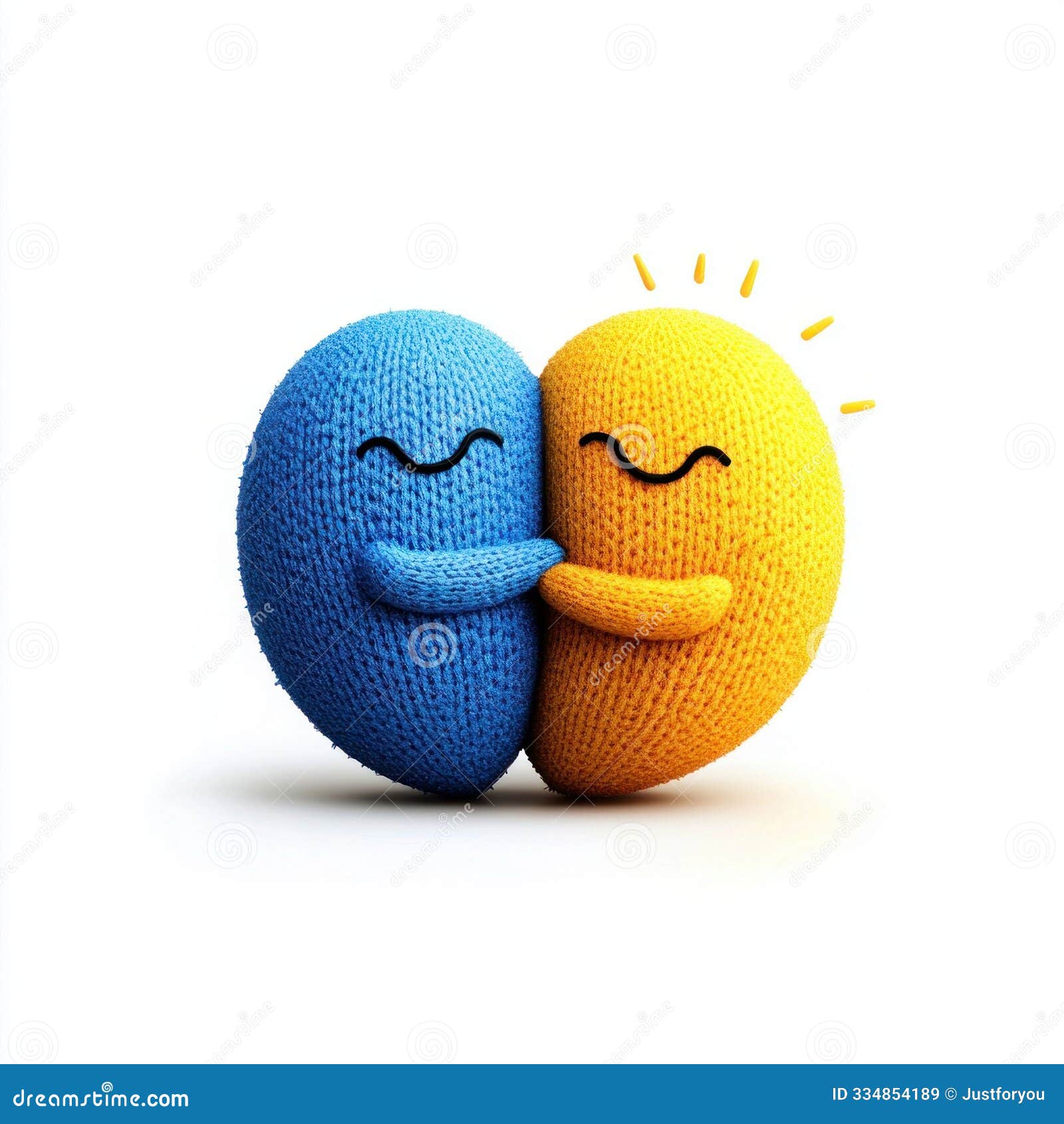 Hugging Knitted Blue And Yellow Characters On White Background Royalty ...