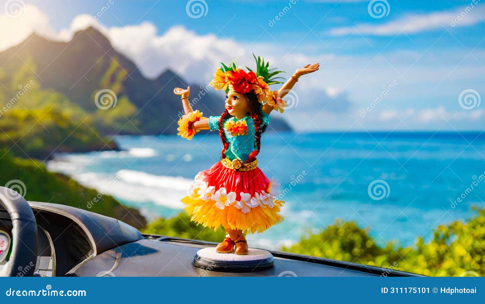 Hula Dancer Doll on Hawaii Car Road Trip. Doll Dancing on the Dashboard ...