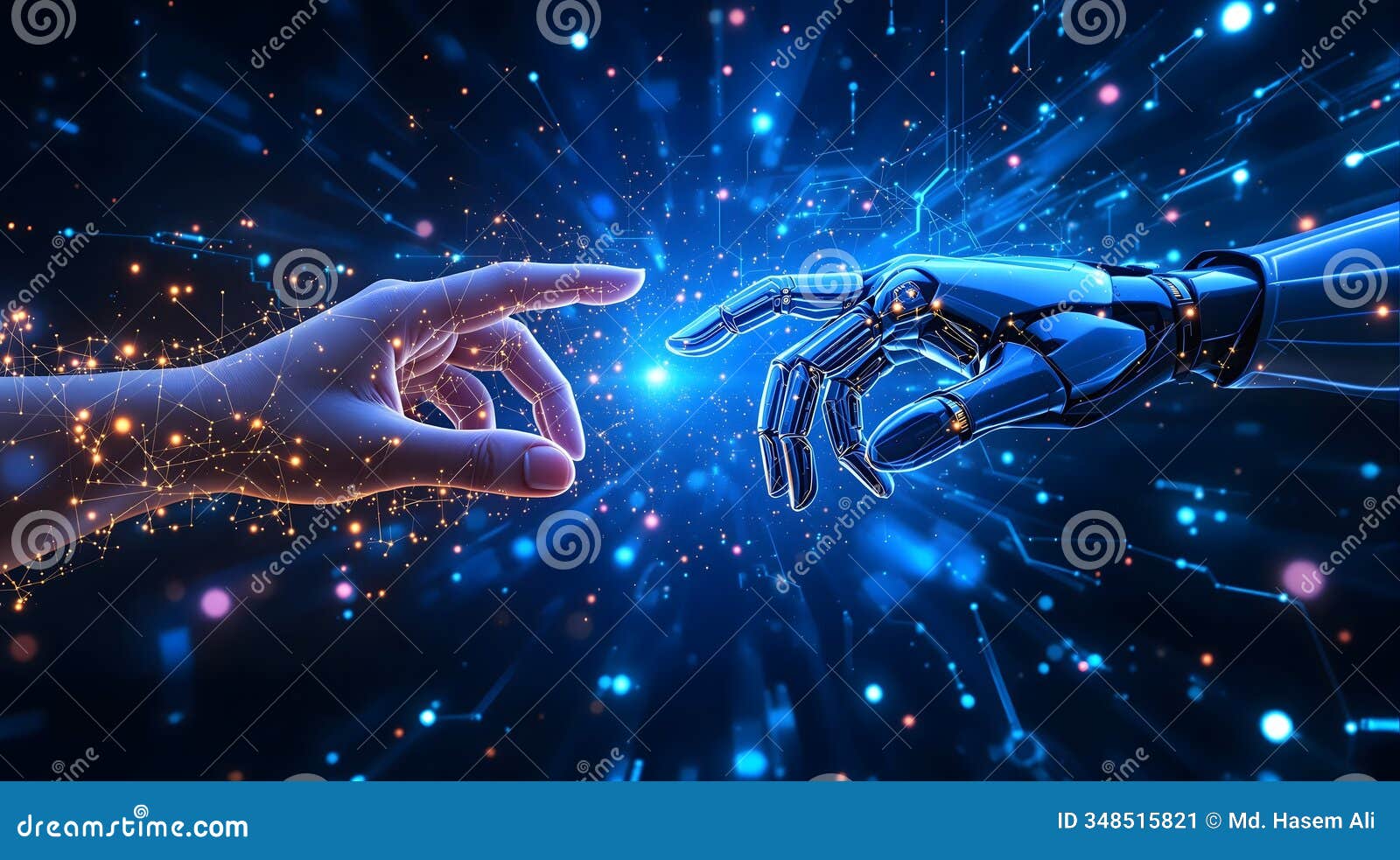 Human and AI Collaboration Concept with Futuristic Technology. Stock ...