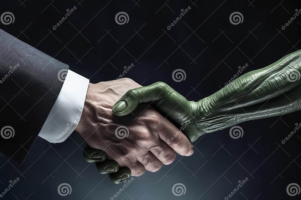 Human and Alien are Shaking Hands - Generative AI Stock Illustration ...