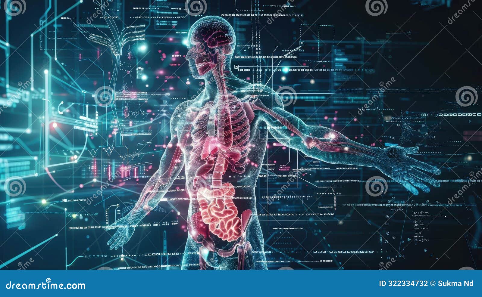 Front View of Human Anatomy Intertwined with Technological Elements ...
