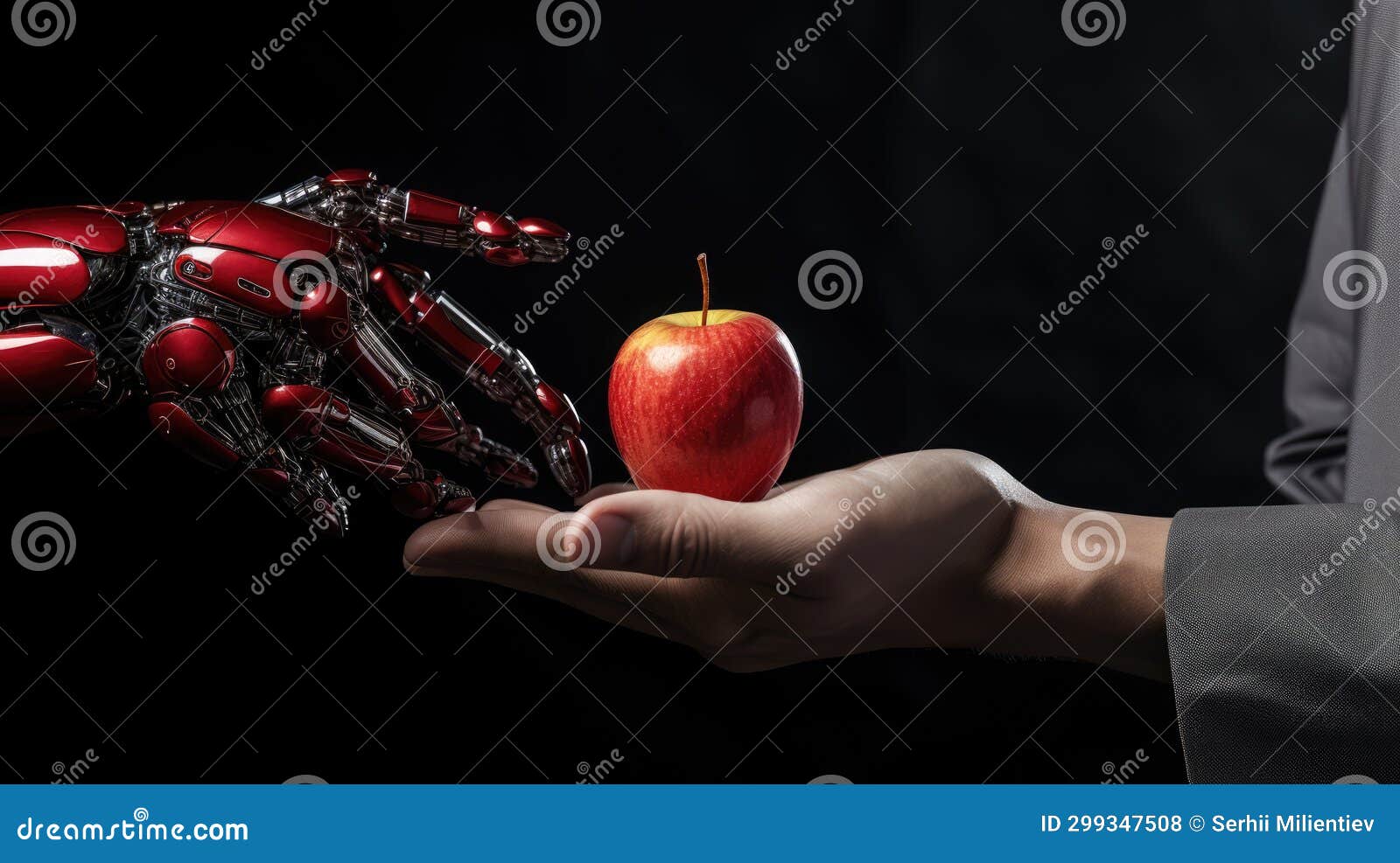Human and Android Hands. Man Giving a Red Apple To an Artificial ...