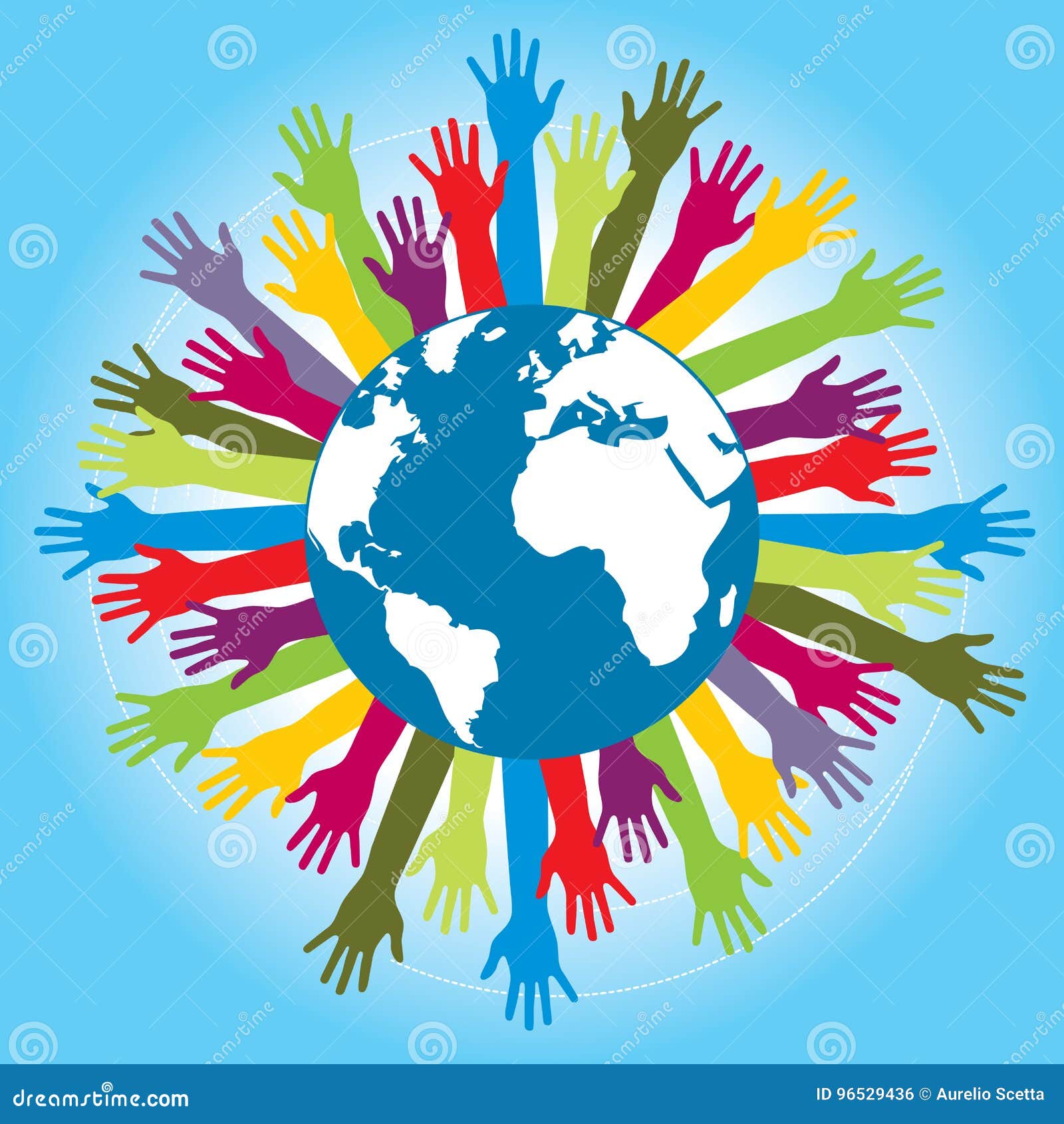 Human Arms Colored Around the Globe with the World Map. Stock Vector ...