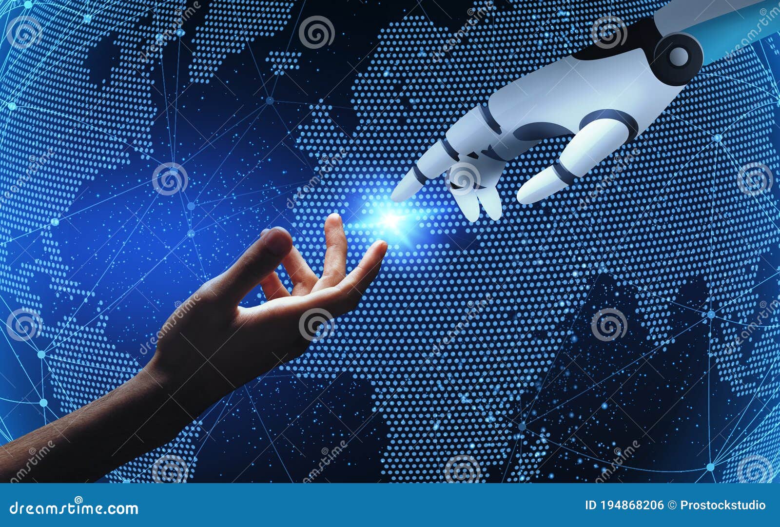 Human and Artificial Intelligence Cooperation. Male and Robotic Hand ...