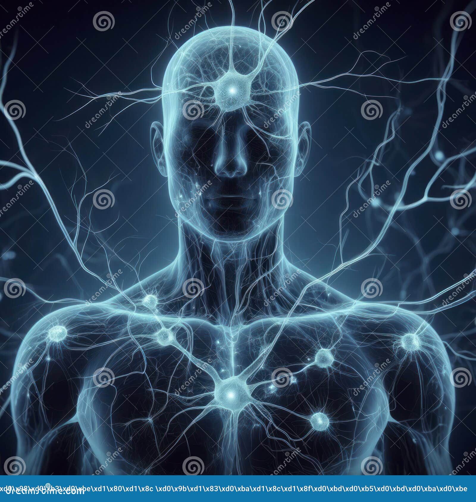 Human Body with Glowing Neurons Visualization on Dark Blue Background ...