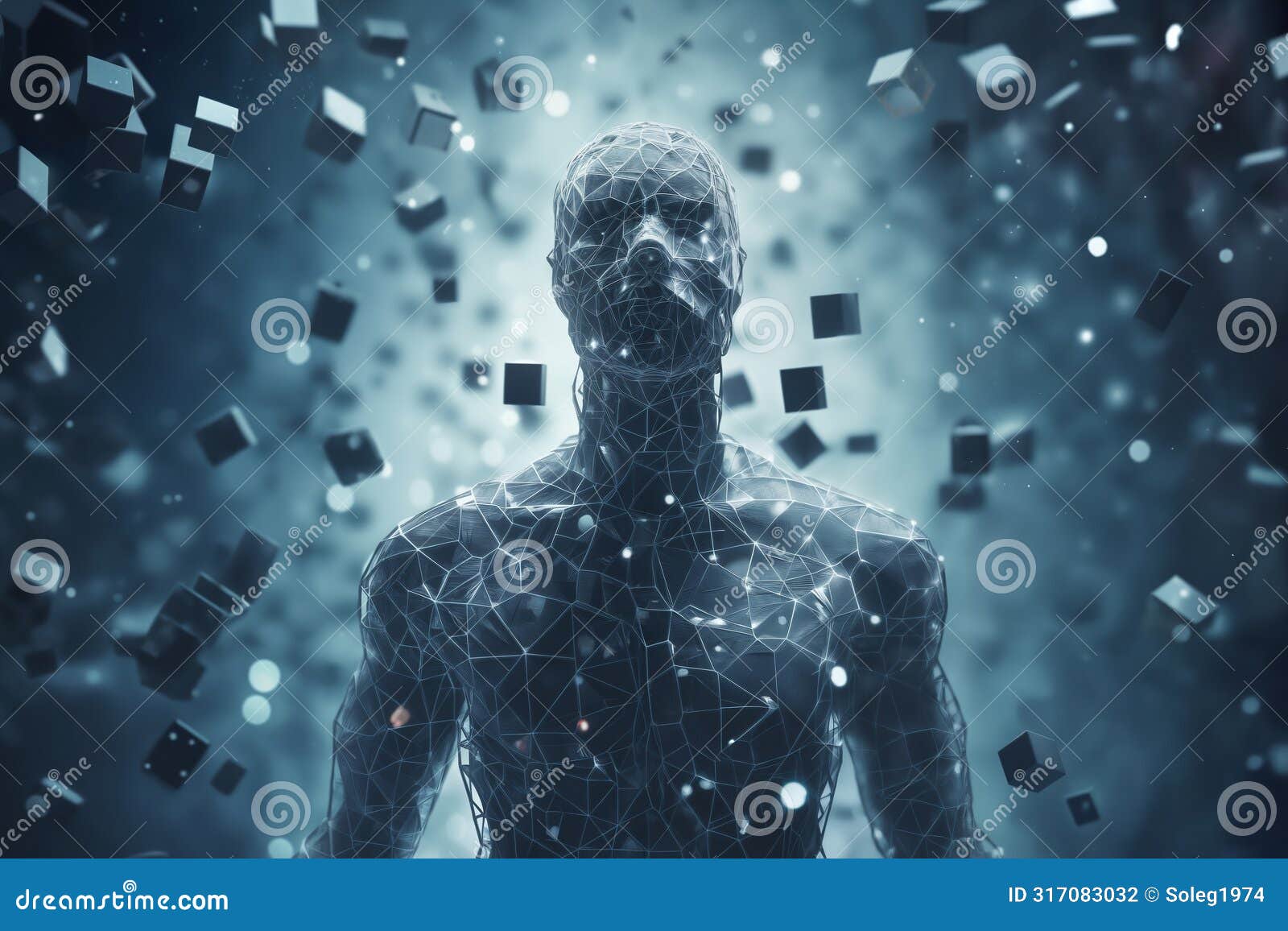 A Human Body Made of Disintegrating Squares and Cubes, Standing in ...