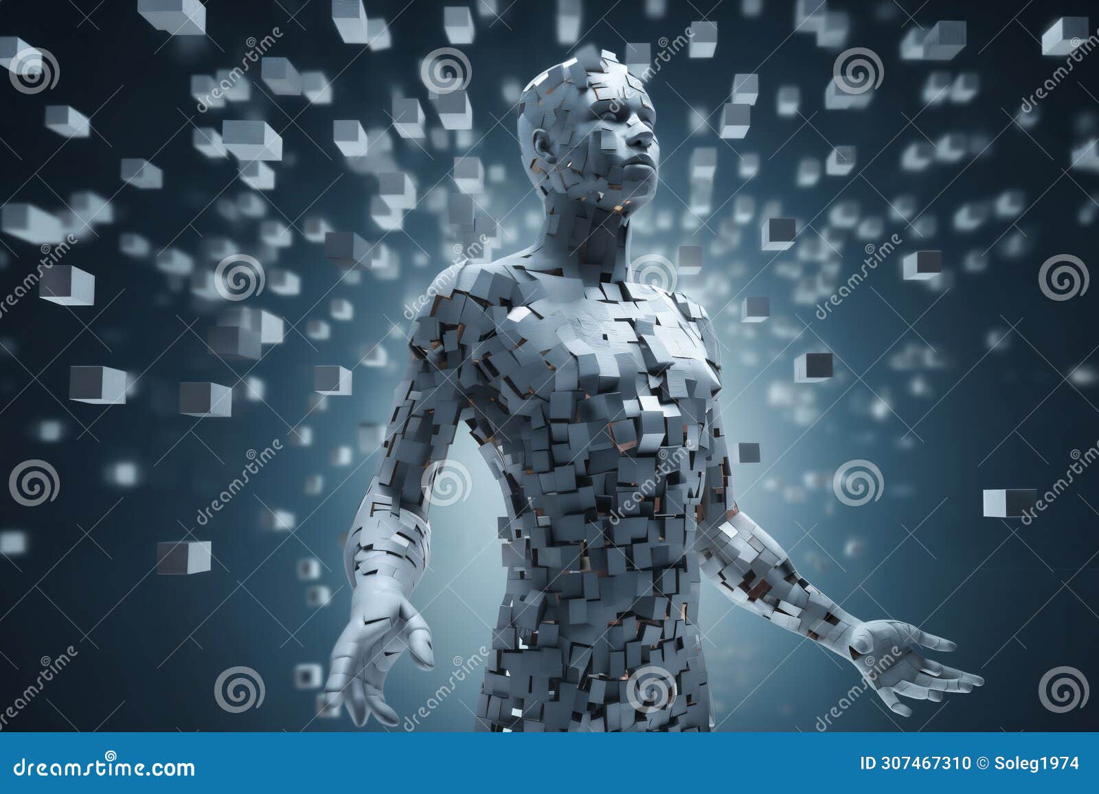 A Human Body Made of Squares and Cubes, Standing in Front of a Digital ...